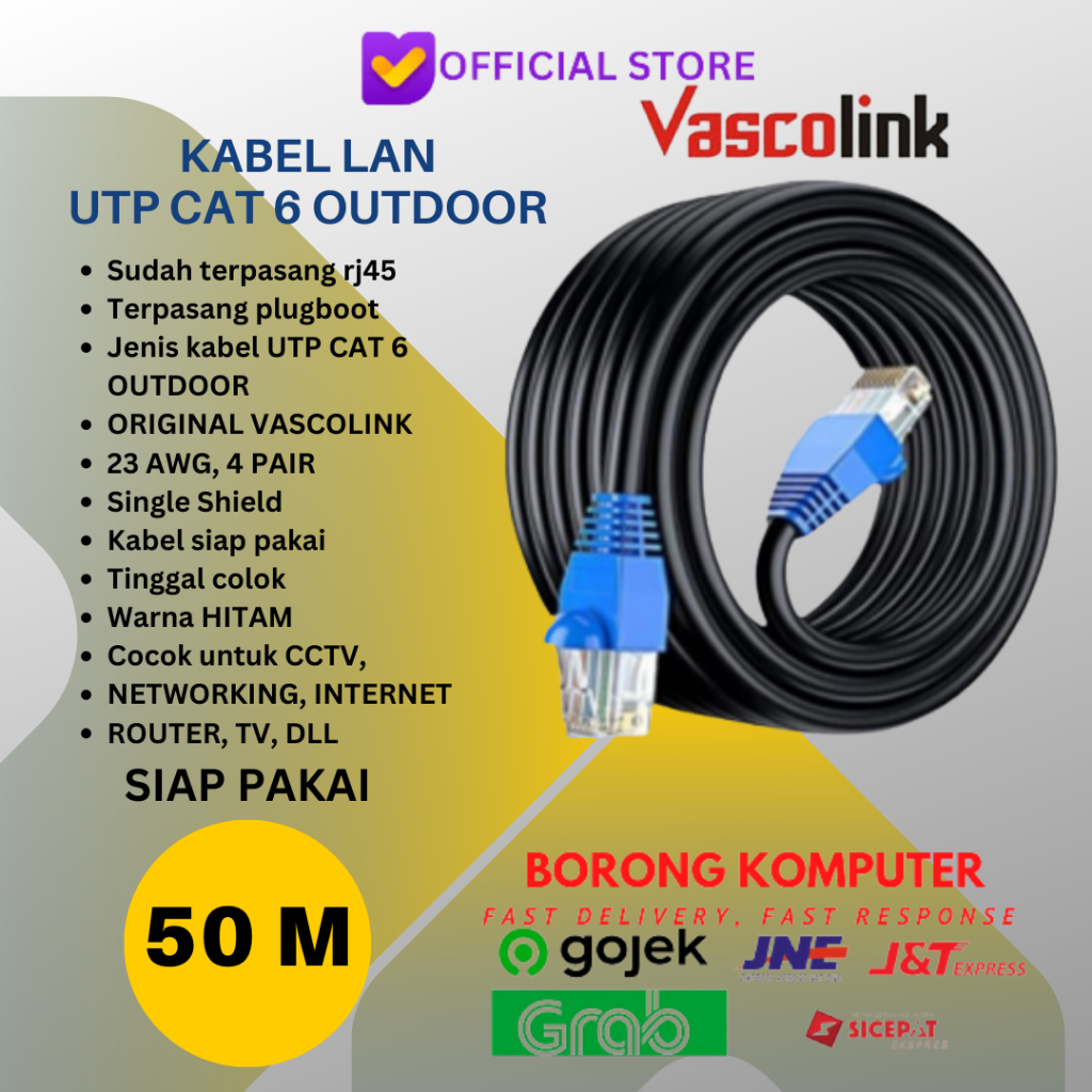 Jual KABEL LAN UTP CAT 6 OUTDOOR 50 METER VASCOLINK CAT6 50M SIAP PAKAI ...