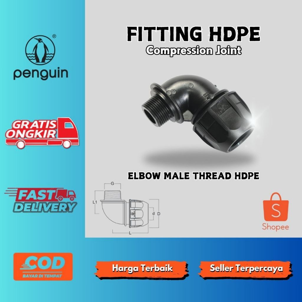 Jual Penyambung Pipa HDPE (Fitting Compression Elbow 90 Male Thread HDPE) Merek Penguin Ukuran 1 ...