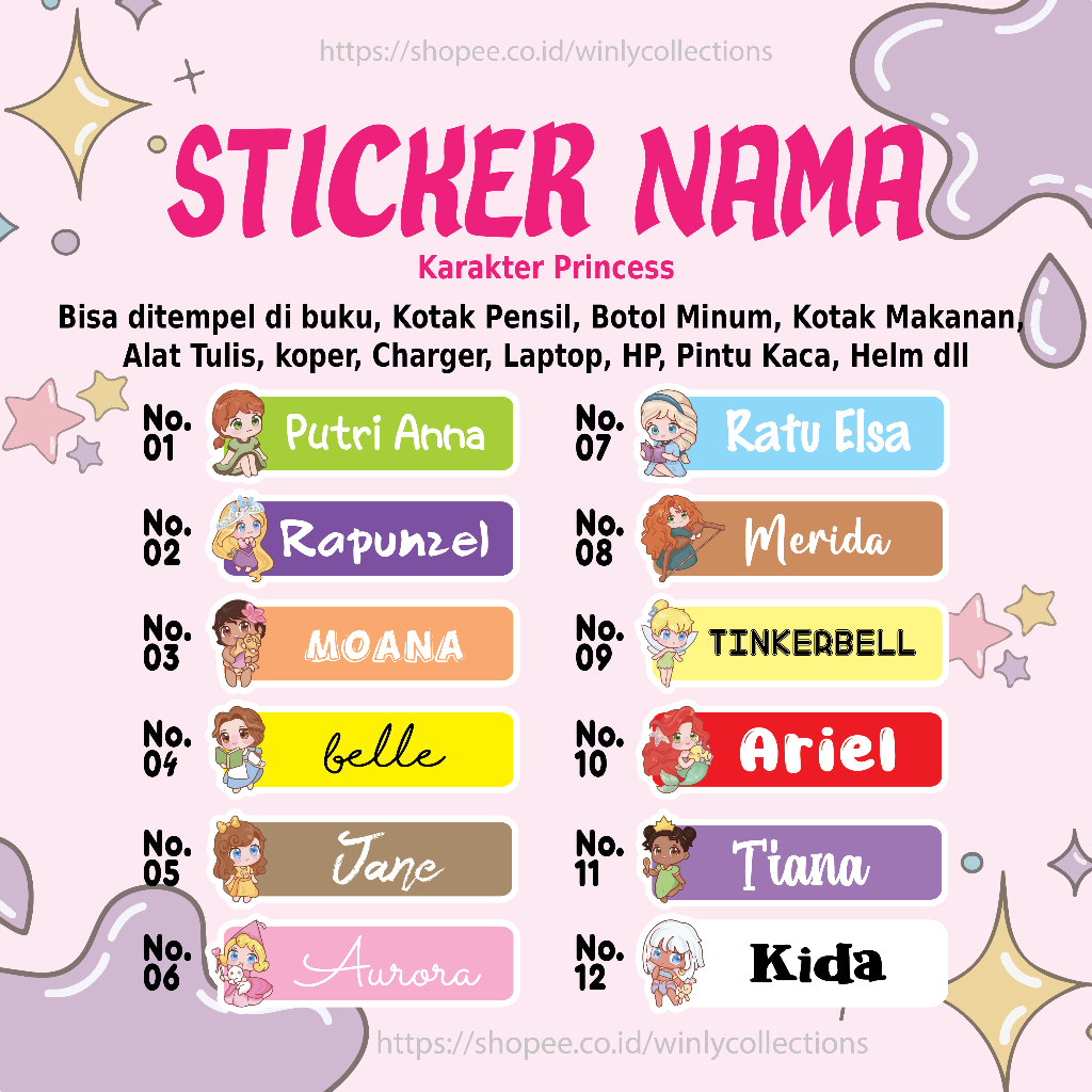 Jual STICKER LABEL NAMA PRINCESS DISNEY STIKER LEBEL CUSTOM PREMIUM ...