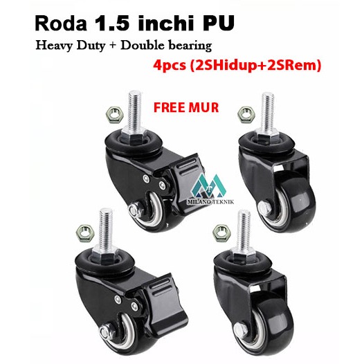 Jual Roda 1.5 inchi PU (4pcs)Screw Hidup/Rem/baut+Mur-HITAM roda troli ...