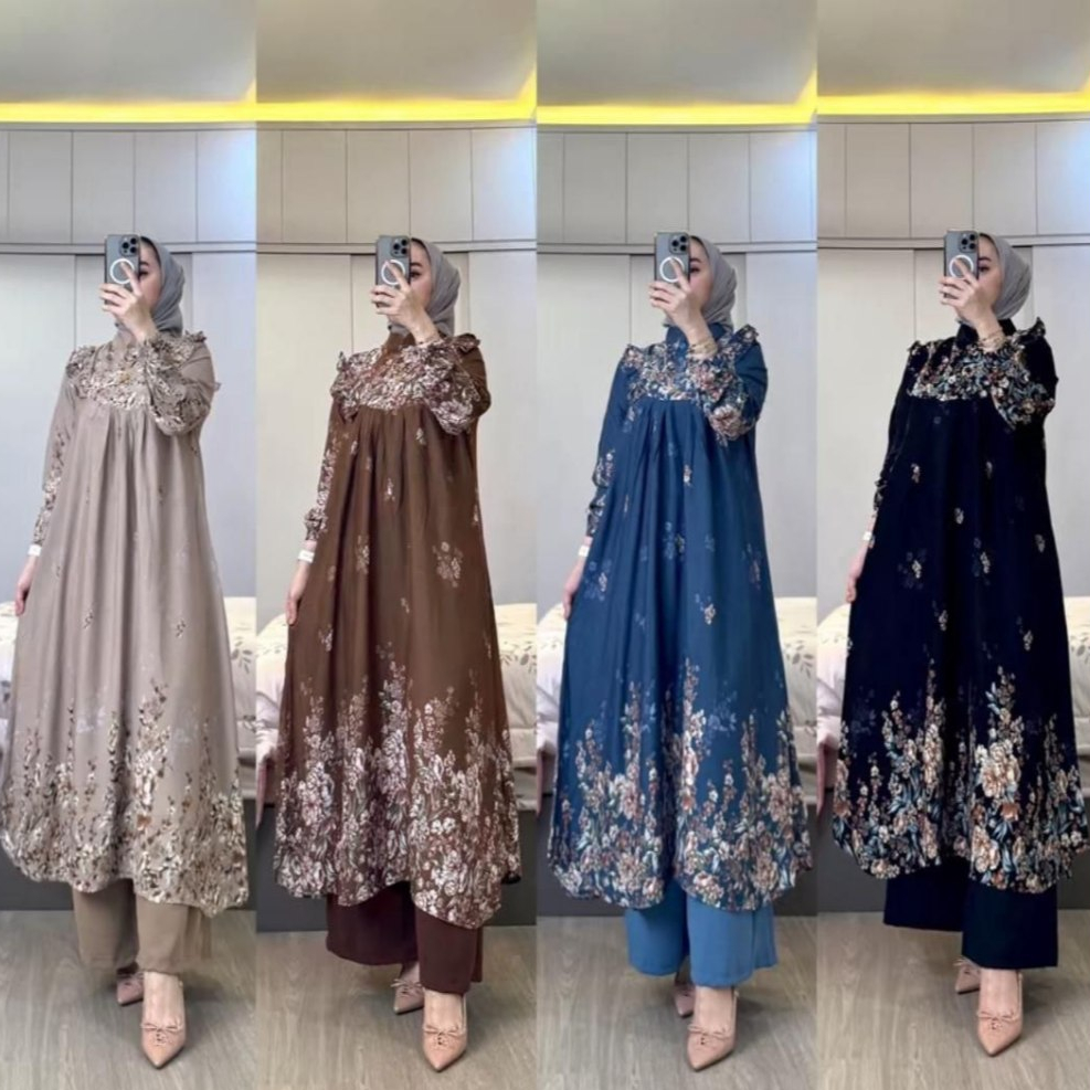 Jual Amel - Setelan Delia Oneset Midi Long Tunik Rayon Diamond Celana ...