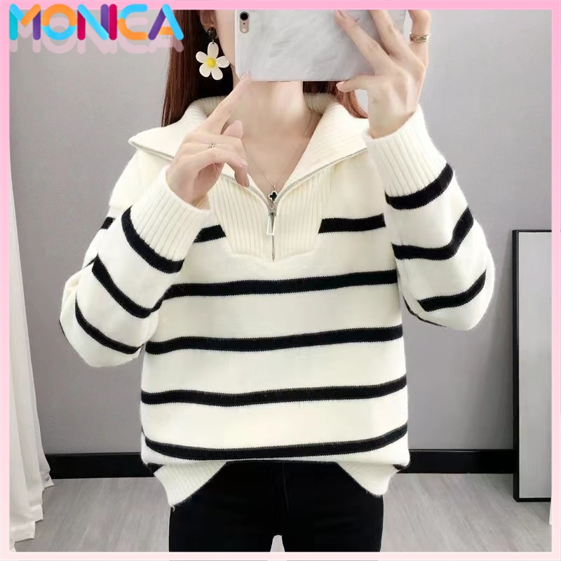 Jual Monica Sweater Stripe Classy Zipper Rajut Wol Santai V-Neck Polos Bunga Setrip Hitam Putih ...