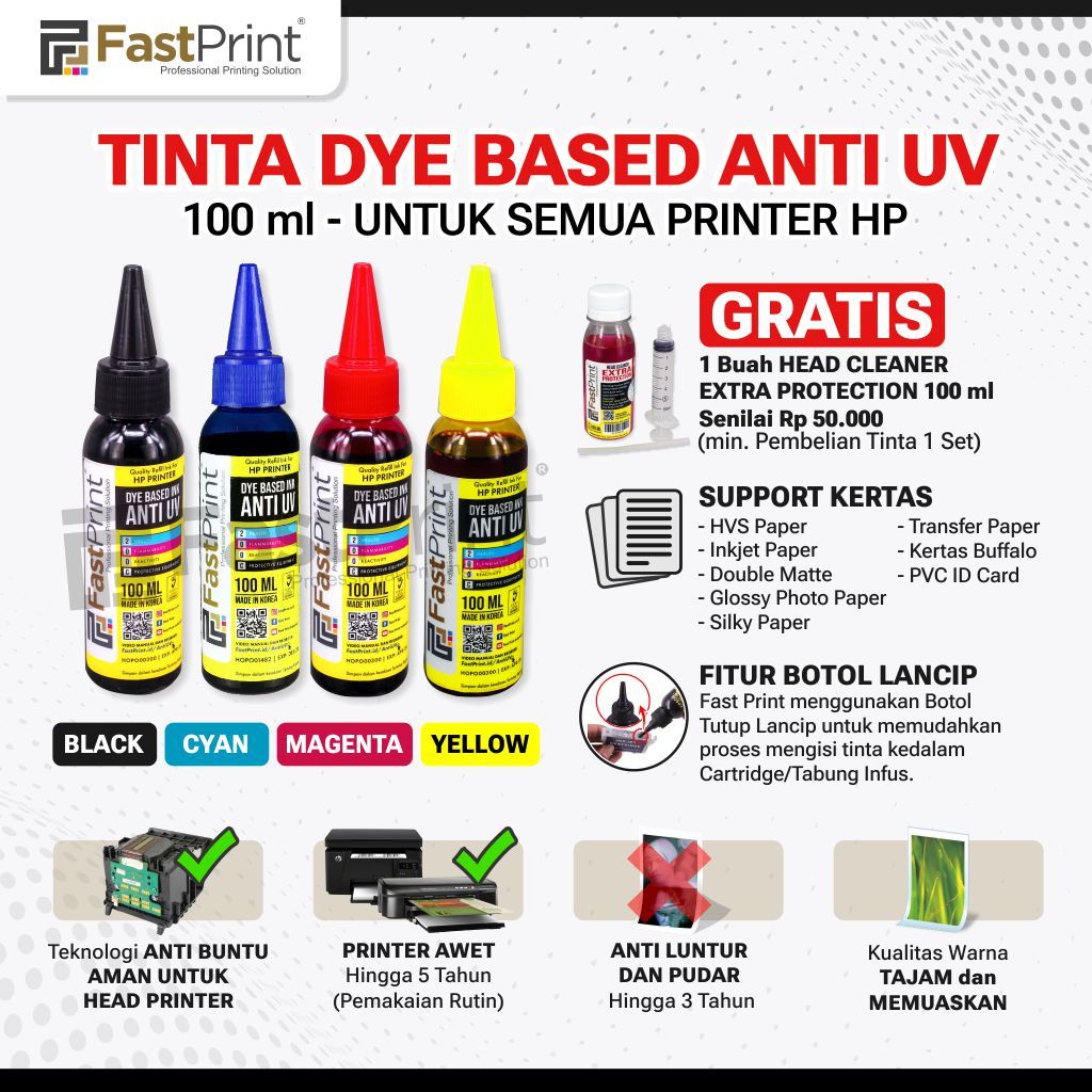 Jual Tinta Dye Based Anti UV 100ML Printer HP Ink Refill 100ML | Shopee ...