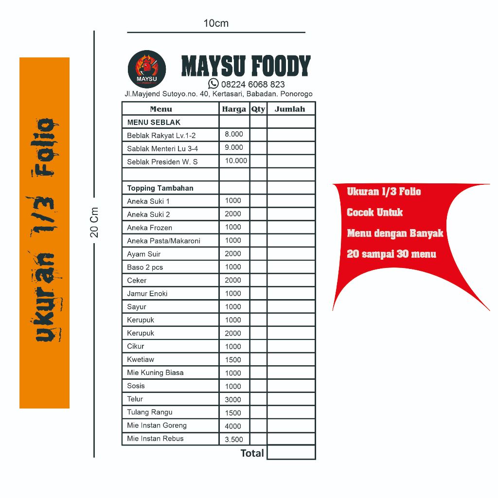 Jual Nota Custom Restoran Nota List Menu Resto 1/2 Polio Model Panjang ...
