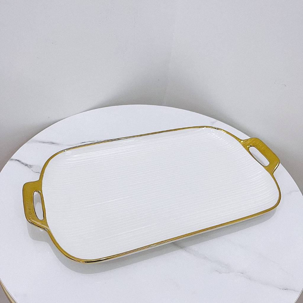 Jual Piring Keramik Saji Bentuk Persegi Panjang Dengan Dua Gagang Emas ...