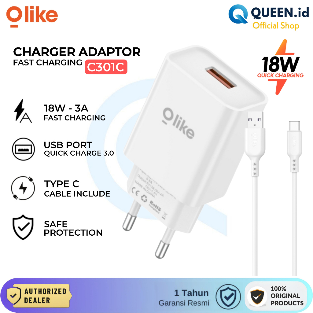 Jual Olike C301C Charger Adaptor 18W 3A USB TYPE C QC 3.0 Fast Charging ...