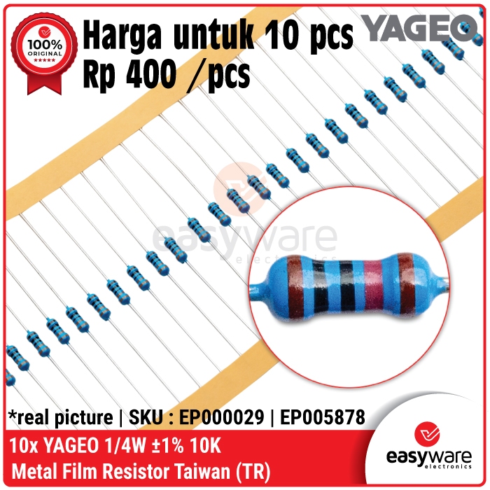 Jual 10x YAGEO Resistor Taiwan 10K 1/4W 0.25W 1% Metal Film Resistor Taiwan 10K Ohm Resistor ...