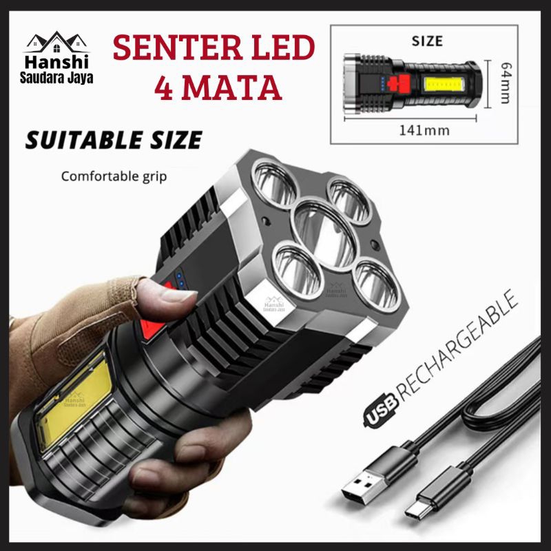 Jual Senter Led 4 Mata Super Terang / Senter Led Rechargeable Cas Ulang ...