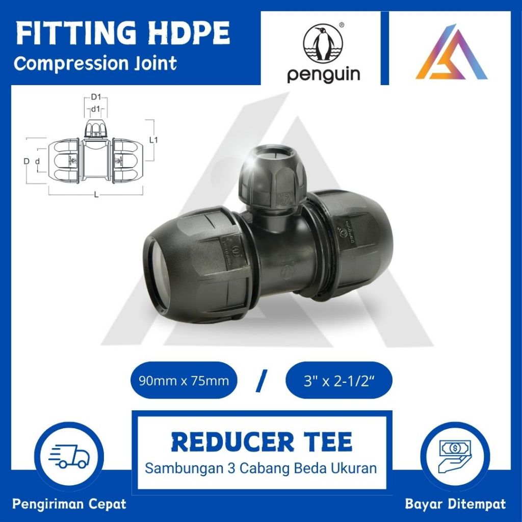 Jual Fitting HDPE Reducer Tee 90mm x 75mm Atau 3" x 2-1/2" Inch Compression | Shopee Indonesia