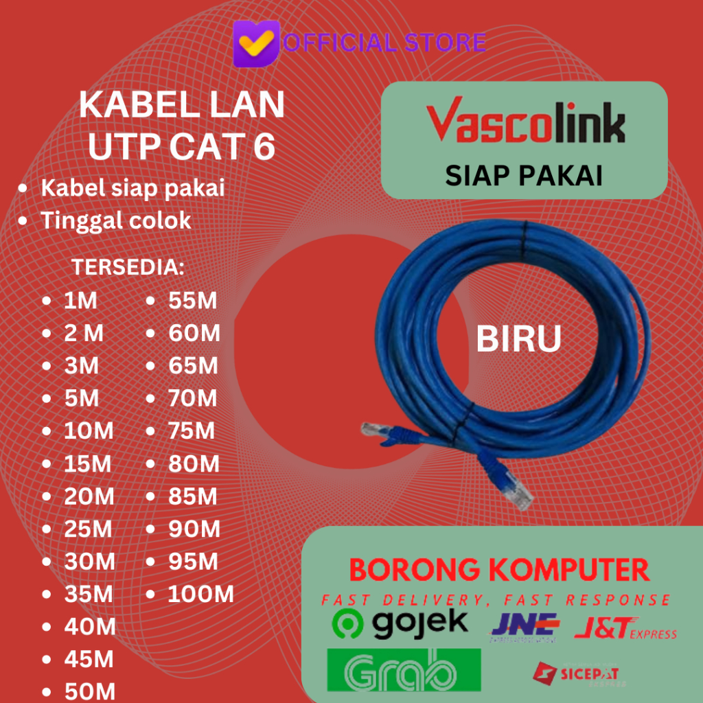 Jual Kabel LAN UTP Cat6 VASCOLINK Siap Pakai BIRU 35M - 100M | Shopee Indonesia