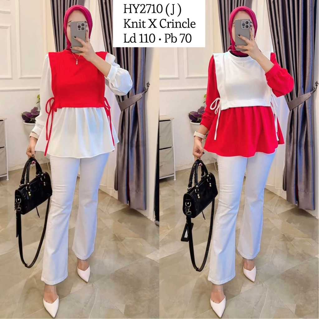Jual Atasan Hornet Knit Combi Crinkle Lengan Panjang Merah Putih ...