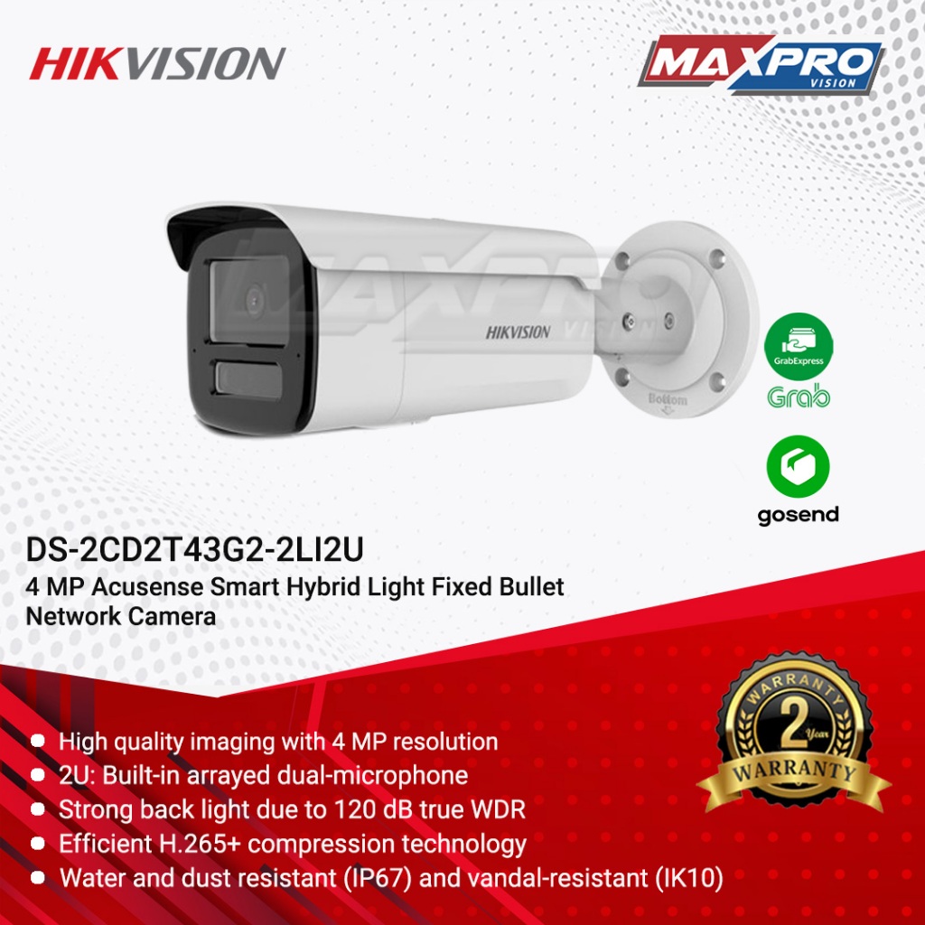 Jual DS-2CD2T43G2-2LI2U - HIKVISION IP 4MP ACUSENSE SMART HYBRID LIGHT BULLET AUDIO CAMERA ...