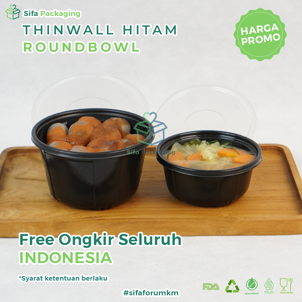 Jual Thinwall Mangkok Bulat + Tutup 200ml 400ml Round Bowl Warna Hitam ...