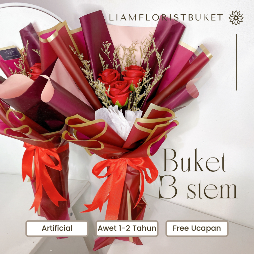 Jual BUKET MAWAR 3 STEM SPON ARTIFICIAL/BUKET BUNGA MAWAR PALSU/BUKET ...