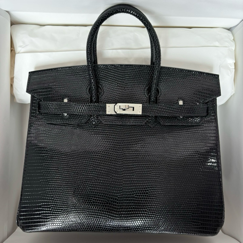 Jual Tas HB 25 cm Glossy Real Lizard Leather Black Silver Hardware Full ...