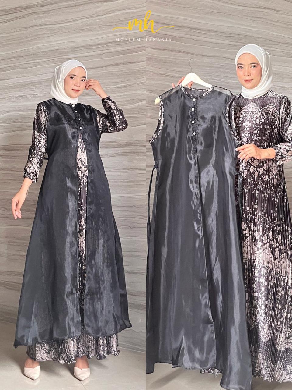 Jual MH Gamis Armani Silk Plisket Outer Organza Lepas Pasang LD 120 Mewah Dress Pesta Cantik ...