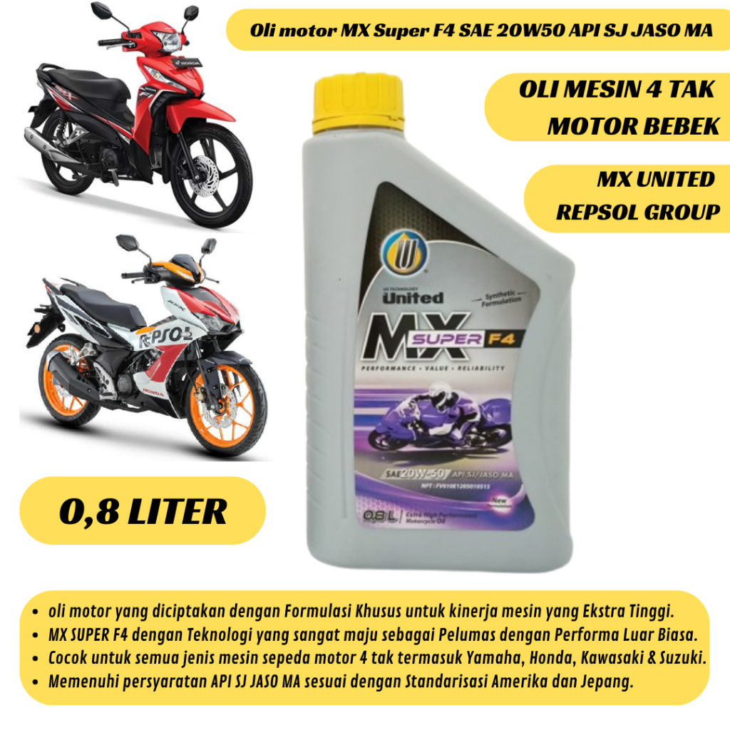 Jual Oli Mesin motor bebek 4 tak 0,8 liter MX Super F4 SAE 20W50 API SJ JASO MA | Shopee Indonesia