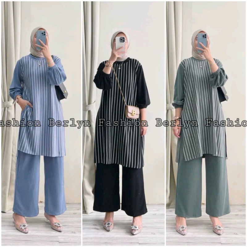 Jual Setelan Knit Wanita MIONA One Set Long Tunik Knit Mix Salur ...
