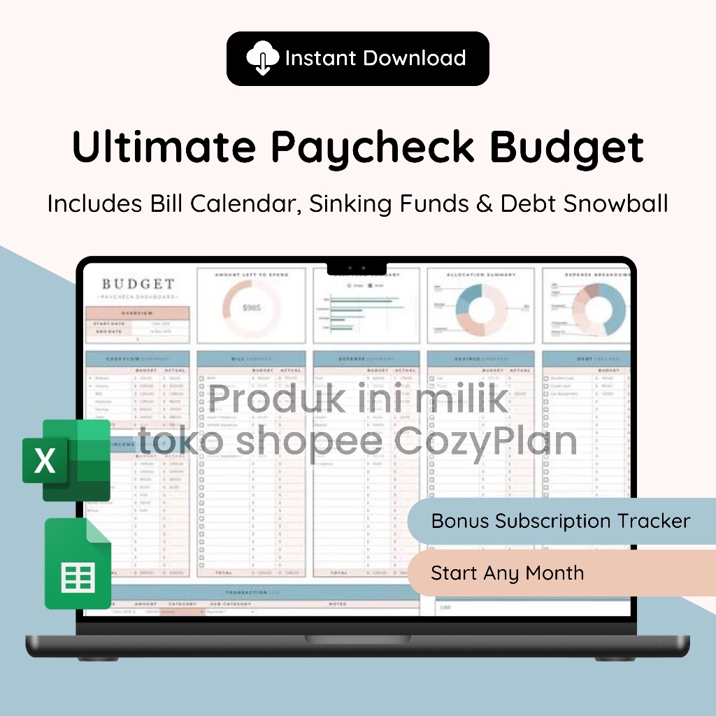 Jual Ultimate Paycheck Budget Spreadsheet Excel Budget Planner Google ...