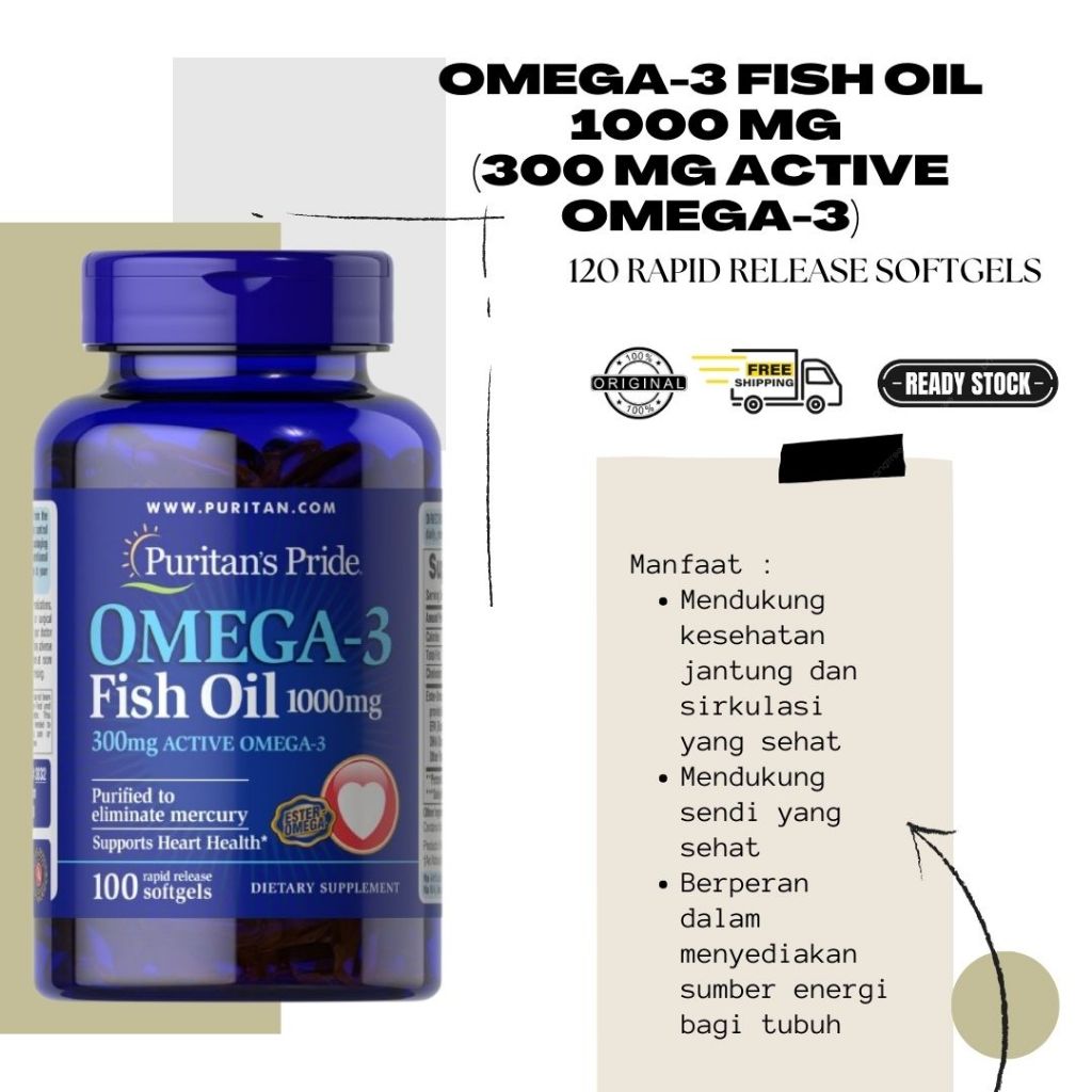 Jual Puritan's Pride Omega-3 Fish Oil 1000 mg (300 mg Active Omega-3) 100 Softgels untuk ...