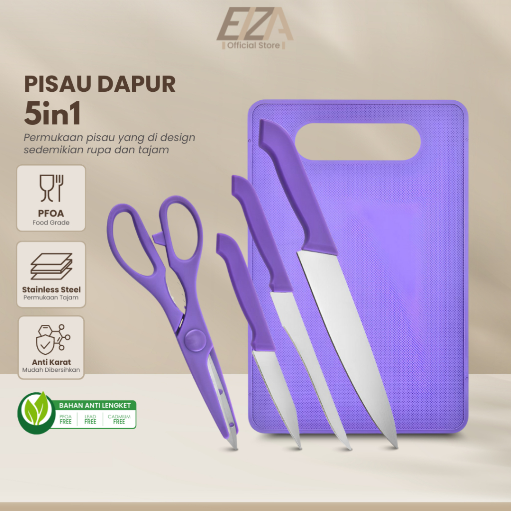 Jual EIZA Set Pisau Dapur dan Talenan isi 5pcs Stainless Steel Kitchen ...