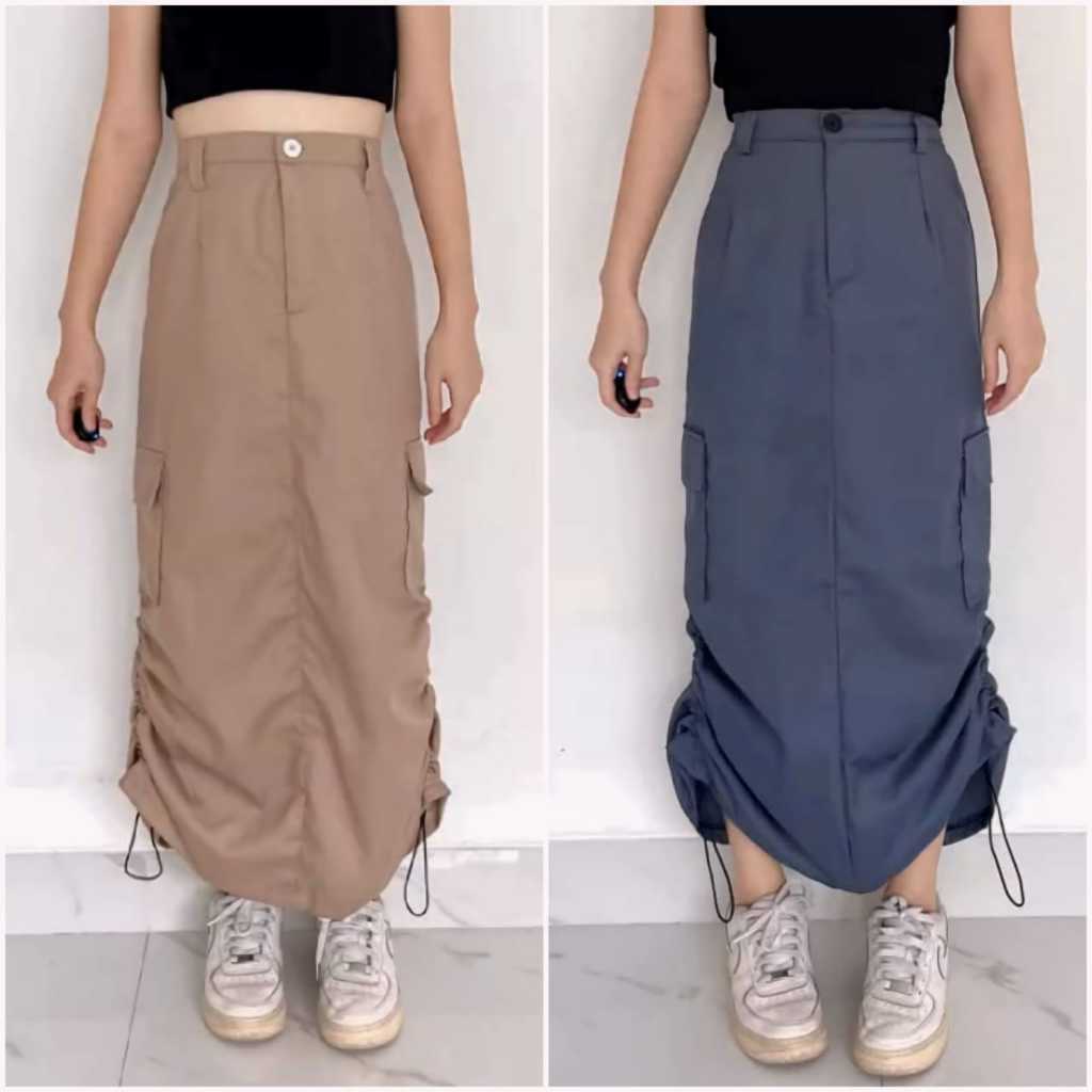 Jual Rok Cargo Serut Korean Style Skirt Span Maxi Wanita | Shopee Indonesia