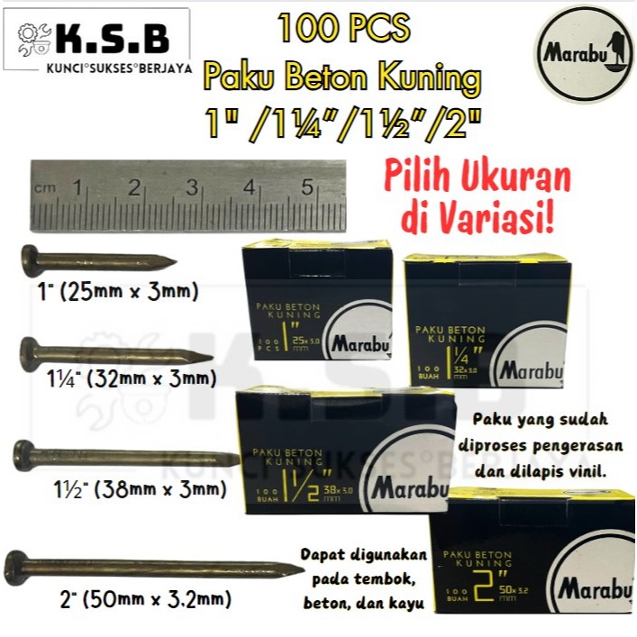 Jual 100 PCS Paku Beton Kuning Ukuran 1" / 1 1/4" / 1 1/2" / 2" Paku Tembok, Beton, dan Kayu ...