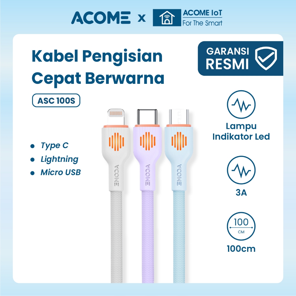 Jual ACOME Kabel Data AS-100S Fast Charging Type C Micro USB 1 Meter ...