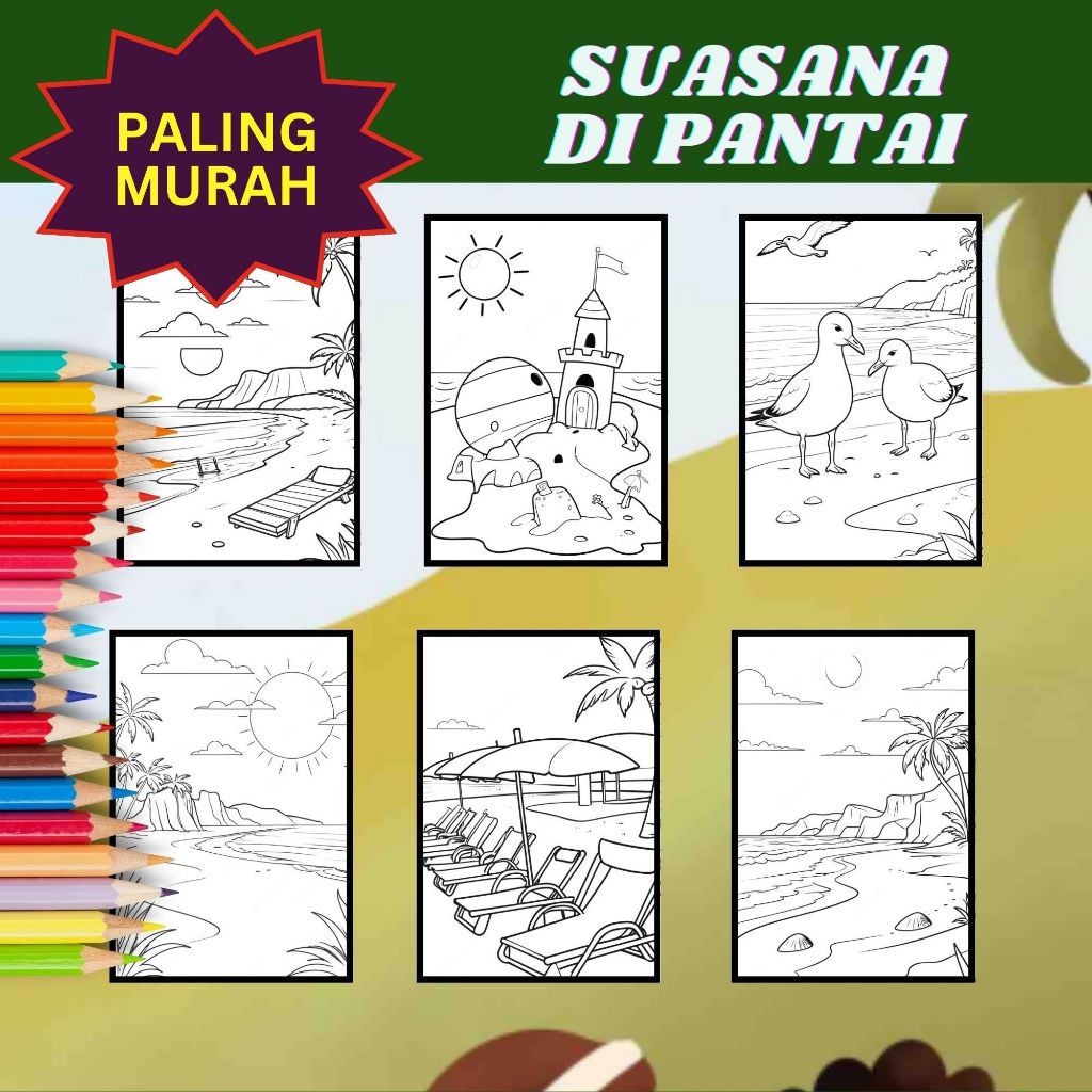 Jual Kertas Mewarnai Ukuran A5 / Di Pantai / GAMBAR MEWARNAI / COLORING ...