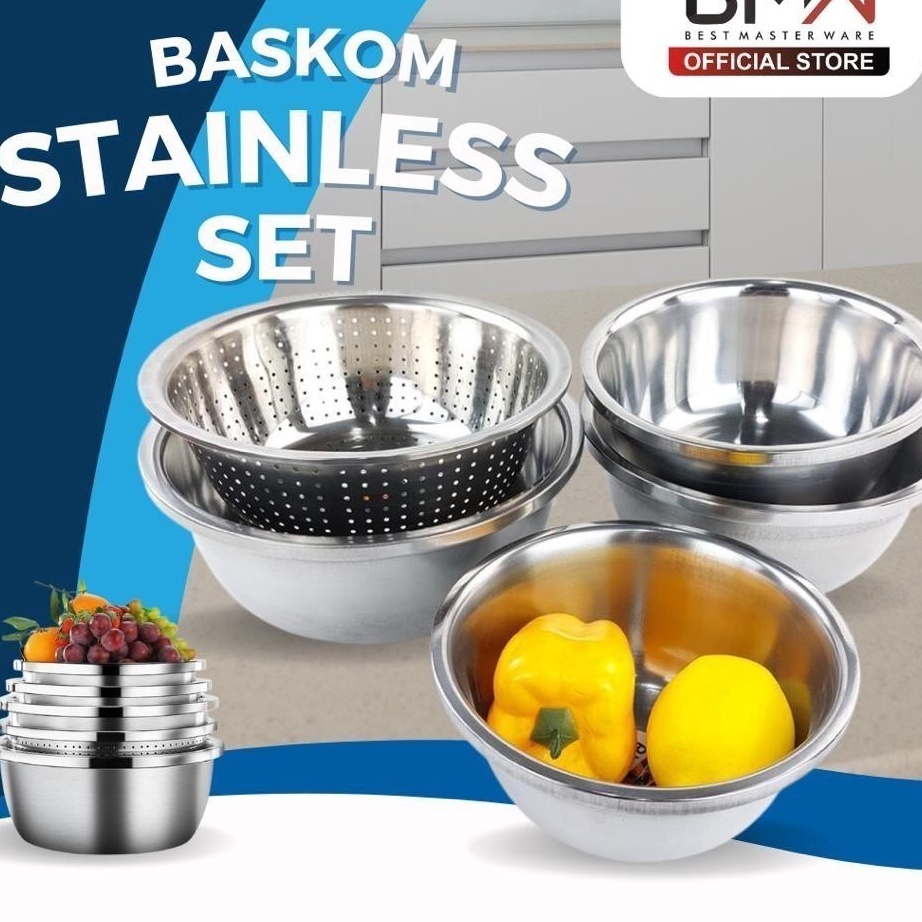 Jual KF7 Kitchenware Baskom Stainless 5 in 1 Wadah Cuci Beras Buah Sayur Baskom Set Wadah Sayur ...