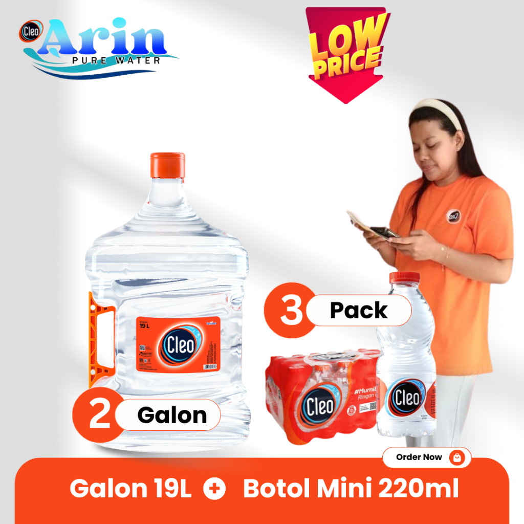 Jual Paket Air Minum Cleo 2 Galon 19L + 3 Pack Botol Mini 220ml (@ isi ...