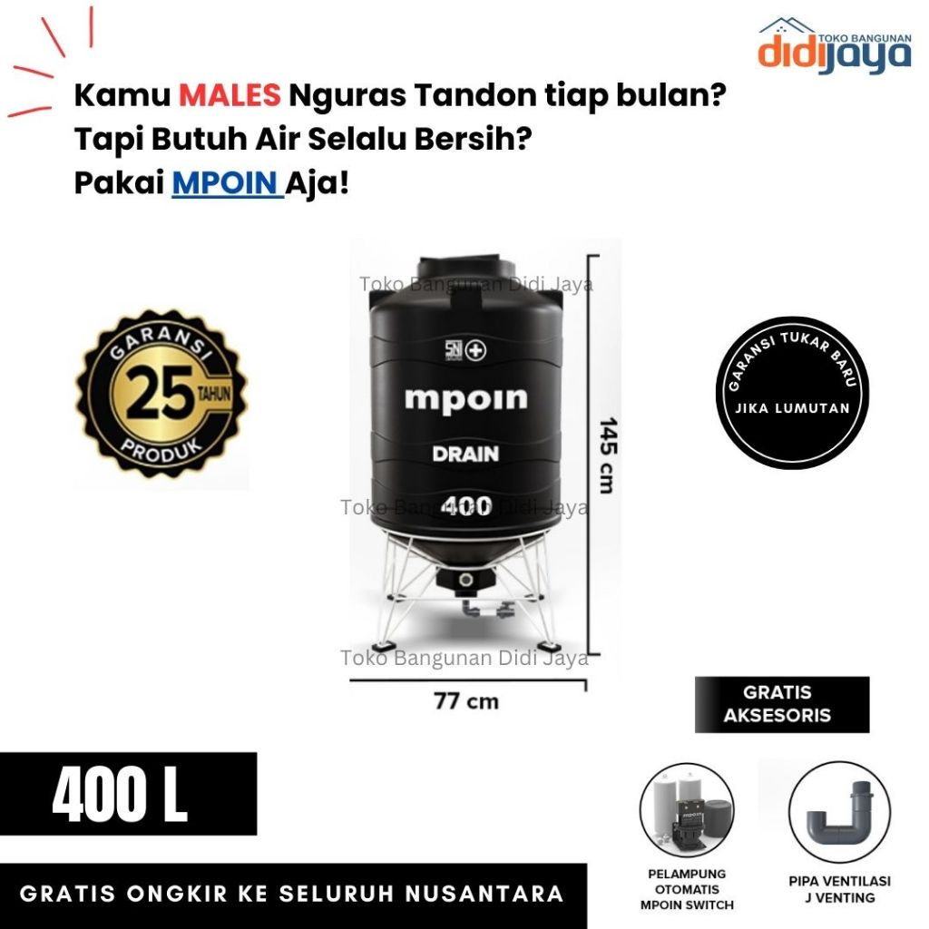 Jual Toren Tandon MPOIN Drain 400 Kapasitas 350 Liter Anti Bakteri ...