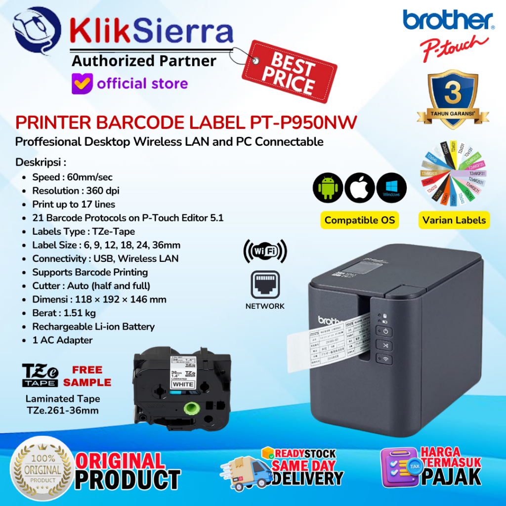 Jual BROTHER PT-P950NW PTouch Printer Label Barcode PTP950NW For Asset ...