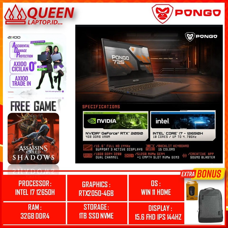 Jual Laptop Gaming Axioo Pongo 725 RTX2050-4GB Intel I7 12650H Ram 32GB ...