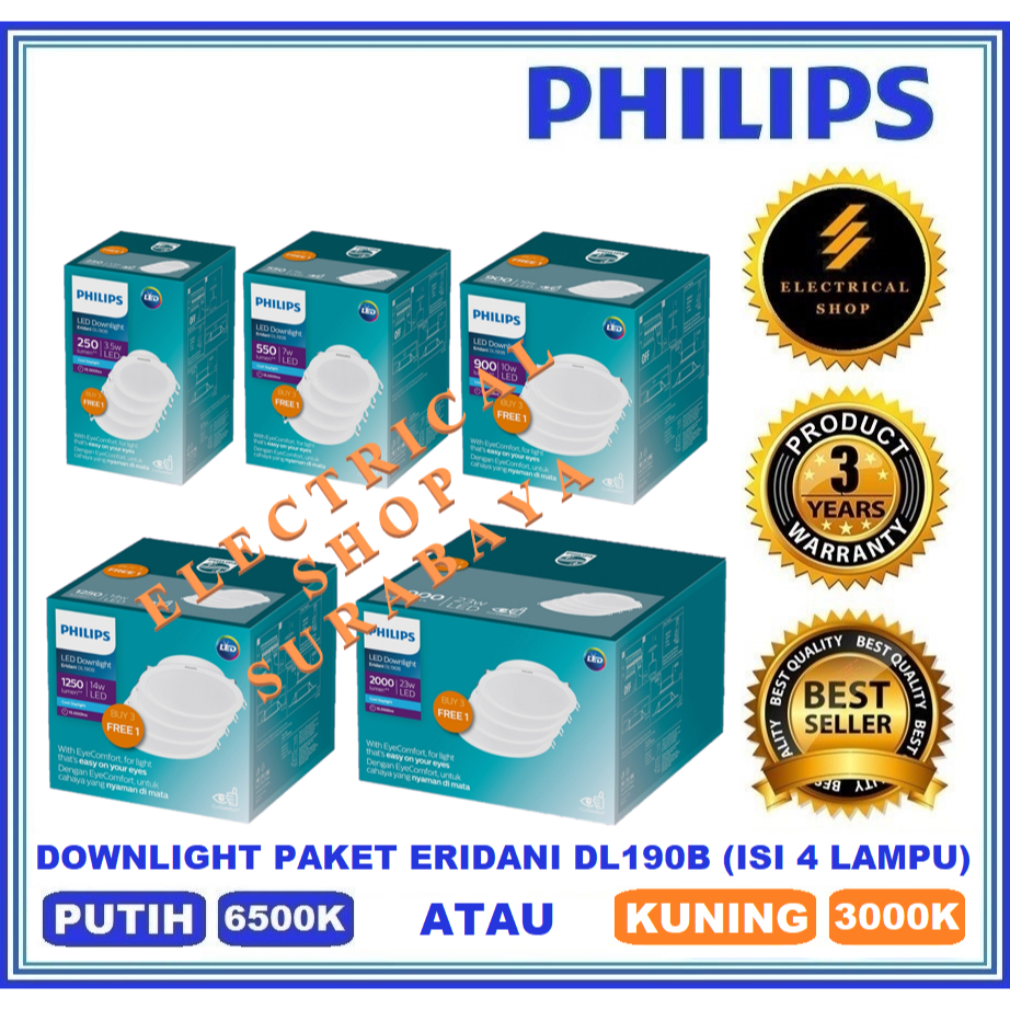 Jual (PAKET ISI 4 LAMPU) PHILIPS DOWNLIGHT LED ERIDANI MULTIPACK 3,5 7 ...