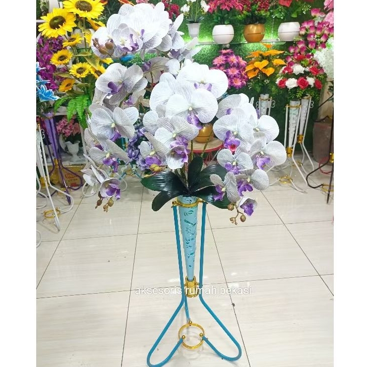 Jual RANGKAIAN BUNGA ANGGREK LATEX 5 TANGKAI DENGAN POT STANDING BESI ...