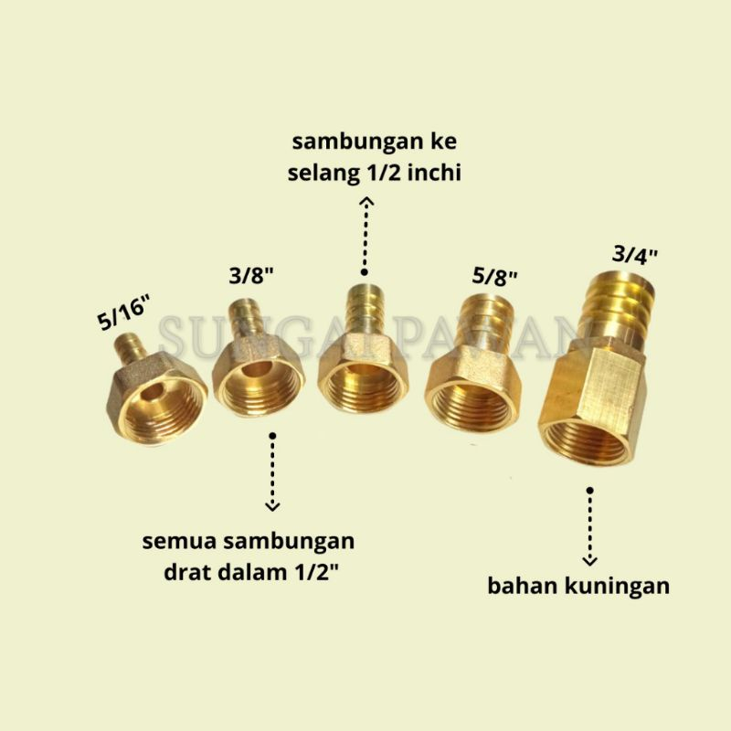 Jual sambungan konektor penyambung connector drat dalam 1/2 inchi ke selang air 5/16 - 3/8 - 1/2 ...