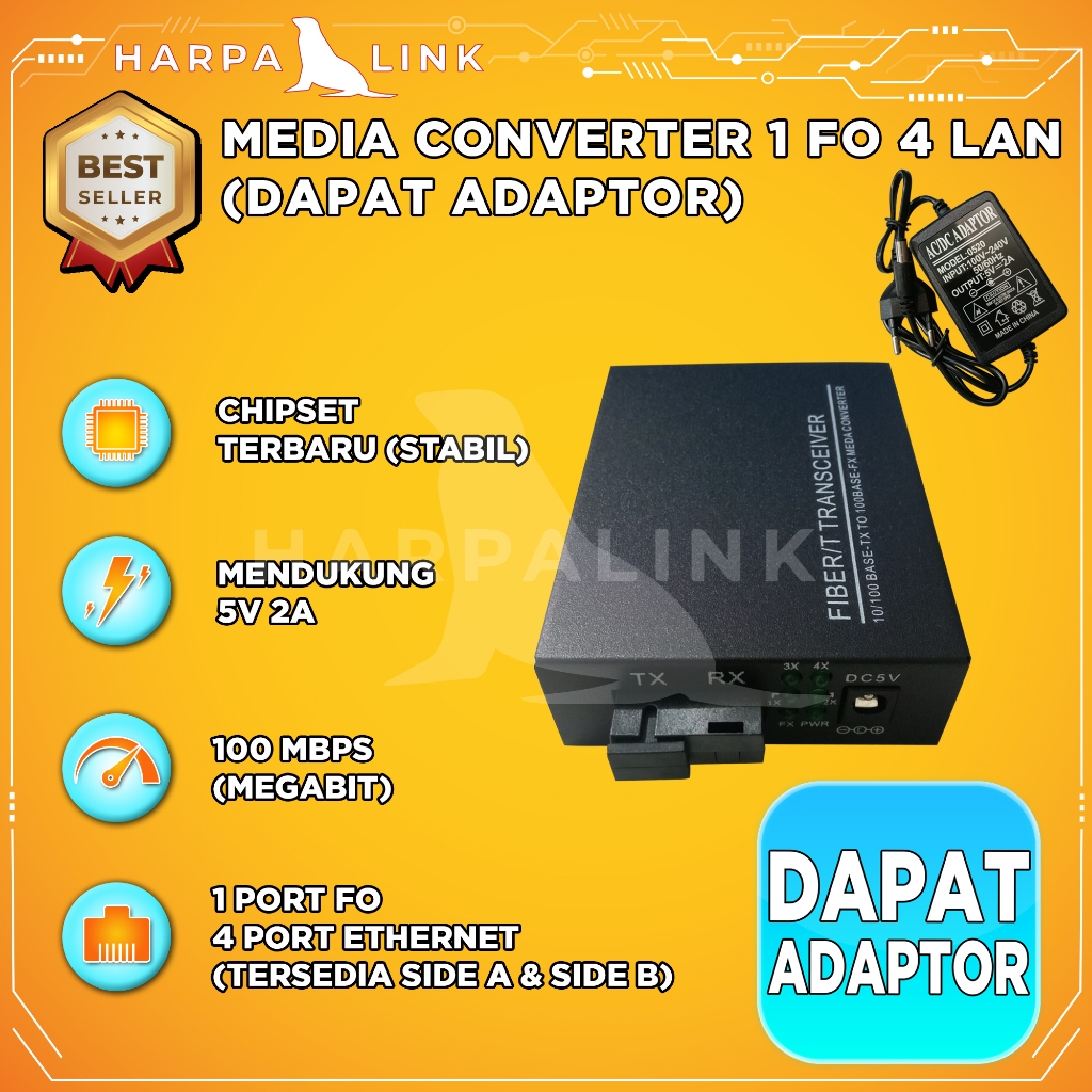 Jual Media Converter 1 FO 4 LAN 1 SC 4 RJ45 1F4E 10/100 Mbps Full Body ...