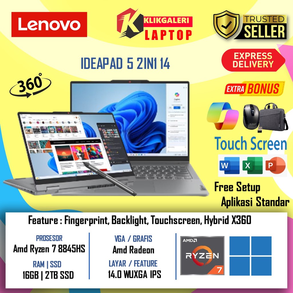 Jual Laptop 2IN1 Lenovo Ideapad 5 AMD Ryzen 7 8845HS Ram 16GB SSD 1TB Touchscreen Windows11 ...