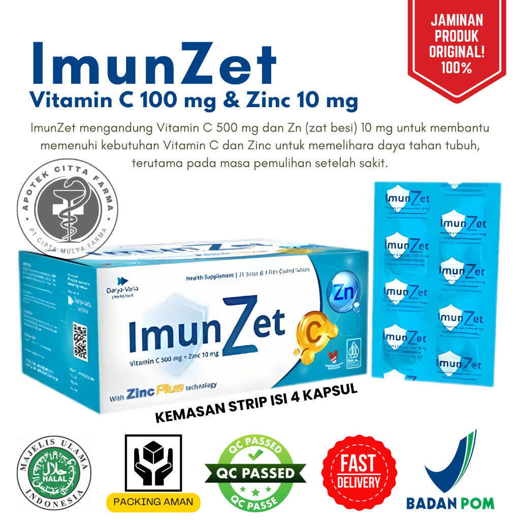 Jual Imunzet Per Strip @ 4 Tablet - Suplemen Kesehatan Vitamin C + Zinc ...