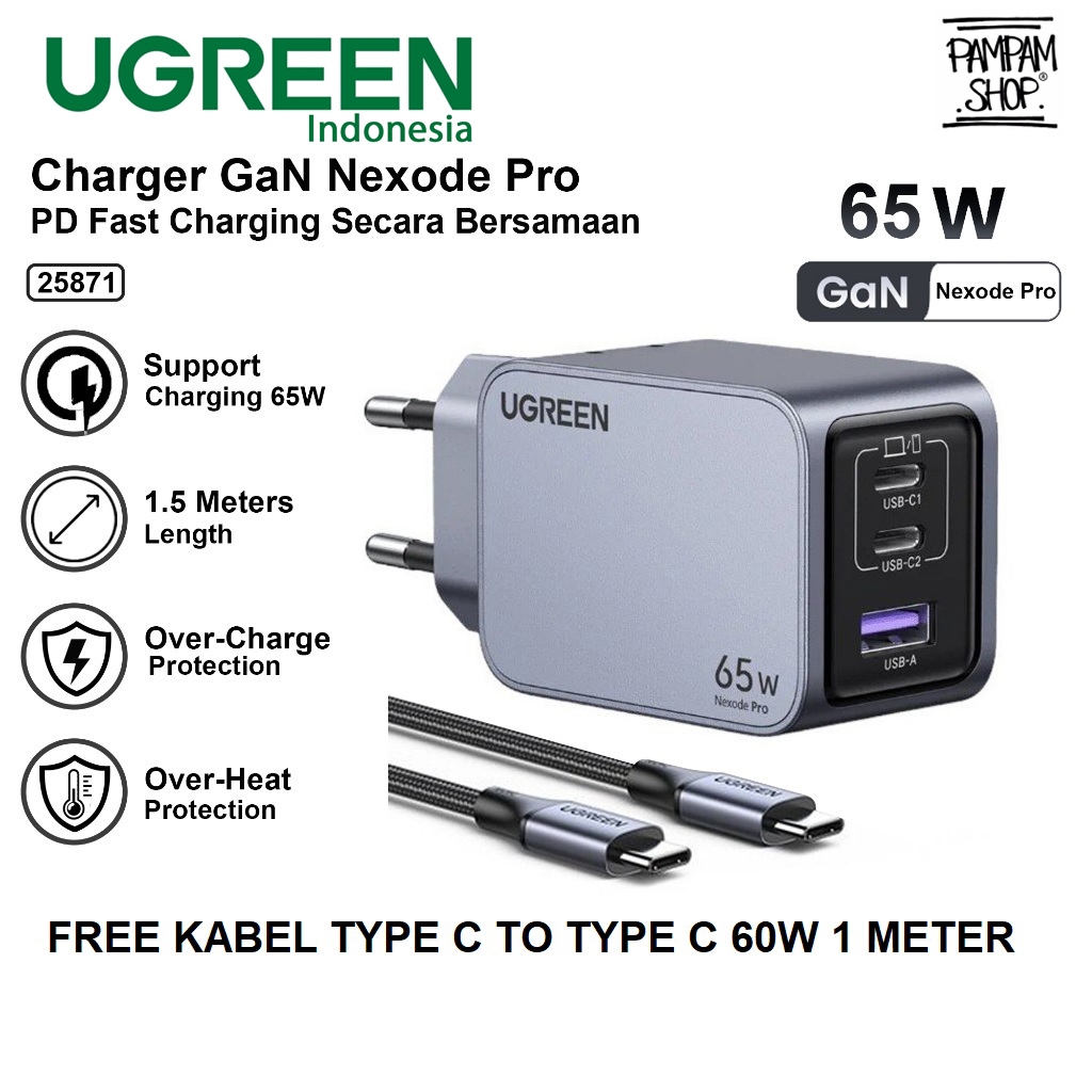 Jual UGREEN 25871 Charger Set Nexode Gan Pro 65W 3 Port Output USB Type C Super Fast Charging ...