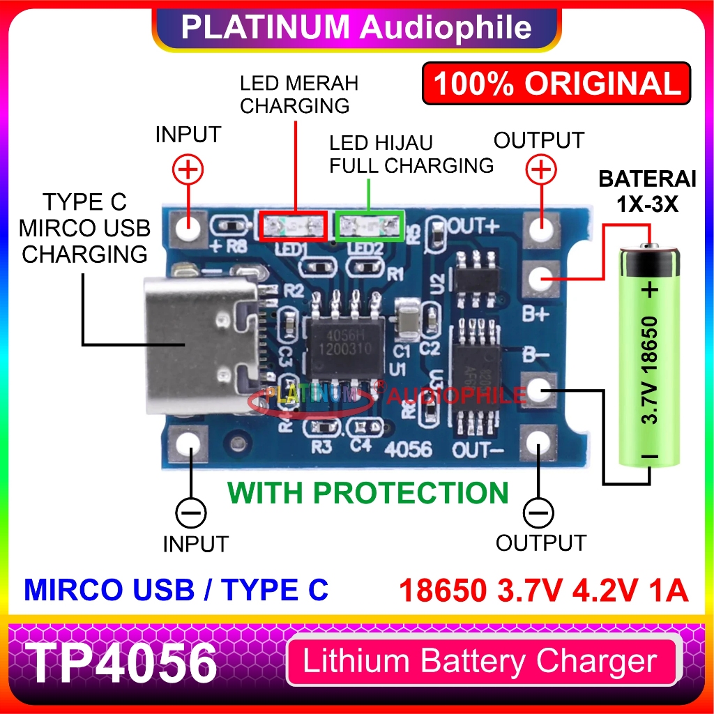 Jual TP4056 Lithium Li-ion 18650 Baterai Charger Protection Modul BMS 1S Micro USB Type C HW-107 ...