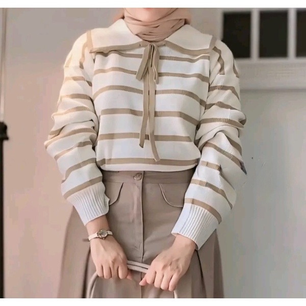 Jual Atasan Rajut Wanita Lengan Panjang Top Kerah Kombinasi Motif ...
