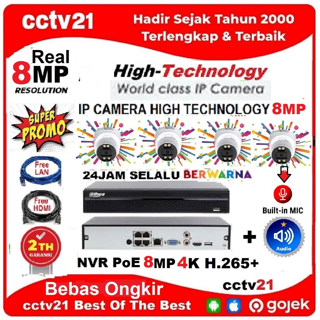 Jual Paket 4 IP Camera 4K 8MP Full Color + Audio High Tech NVR PoE 4CH Harga Promo cctv21 ...