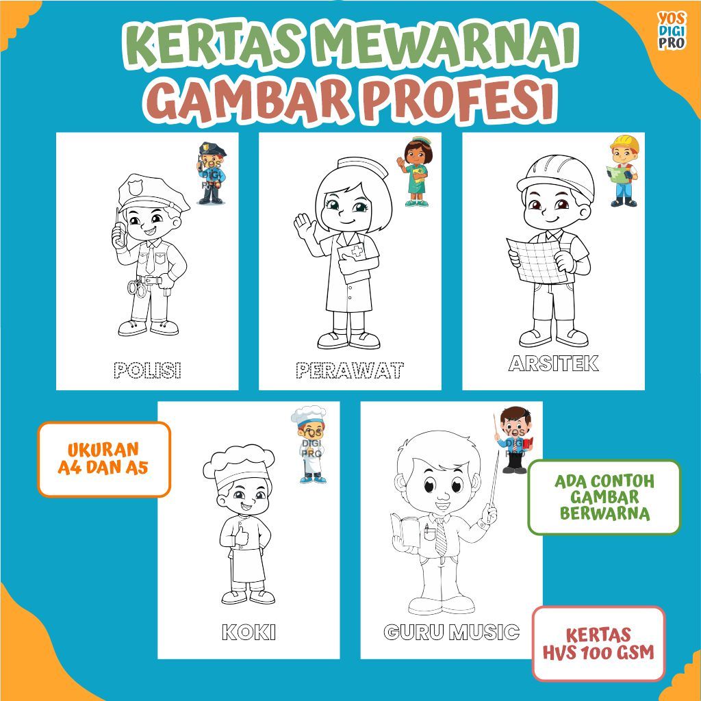 Jual Kertas Mewarnai Gambar Profesi Pekerjaan, Untuk Anak Usia Dini ...