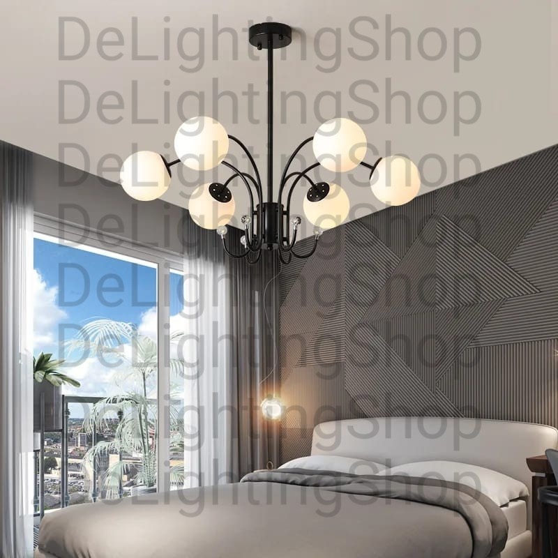Jual SL90039/6+1 LAMPU HIAS GANTUNG PLAFON MEWAH ELEGAN HITAM BULAT ...