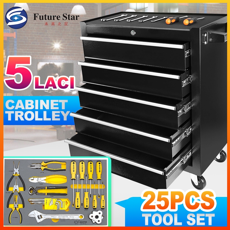 Jual Tool Box Cabinet Trolley 5 Drawer Susun Laci +25pcs Tool Kit Set Car Reapair Alat Perkakas ...