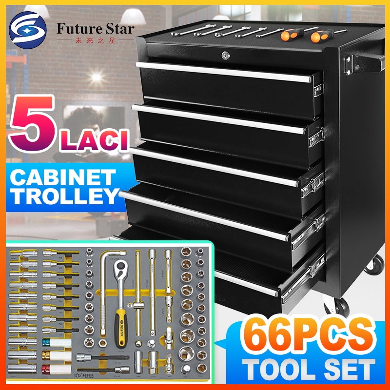 Jual Tool Box Cabinet Trolley 5 Drawer Susun Laci +66pcs Tool Kit Set Car Reapair Alat Perkakas ...