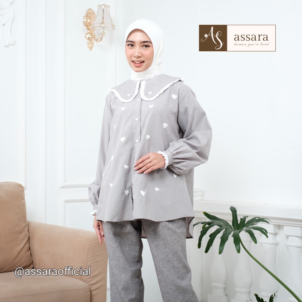 Jual Assara - Anika Top Abu Kemeja wanita Sulam | Shopee Indonesia