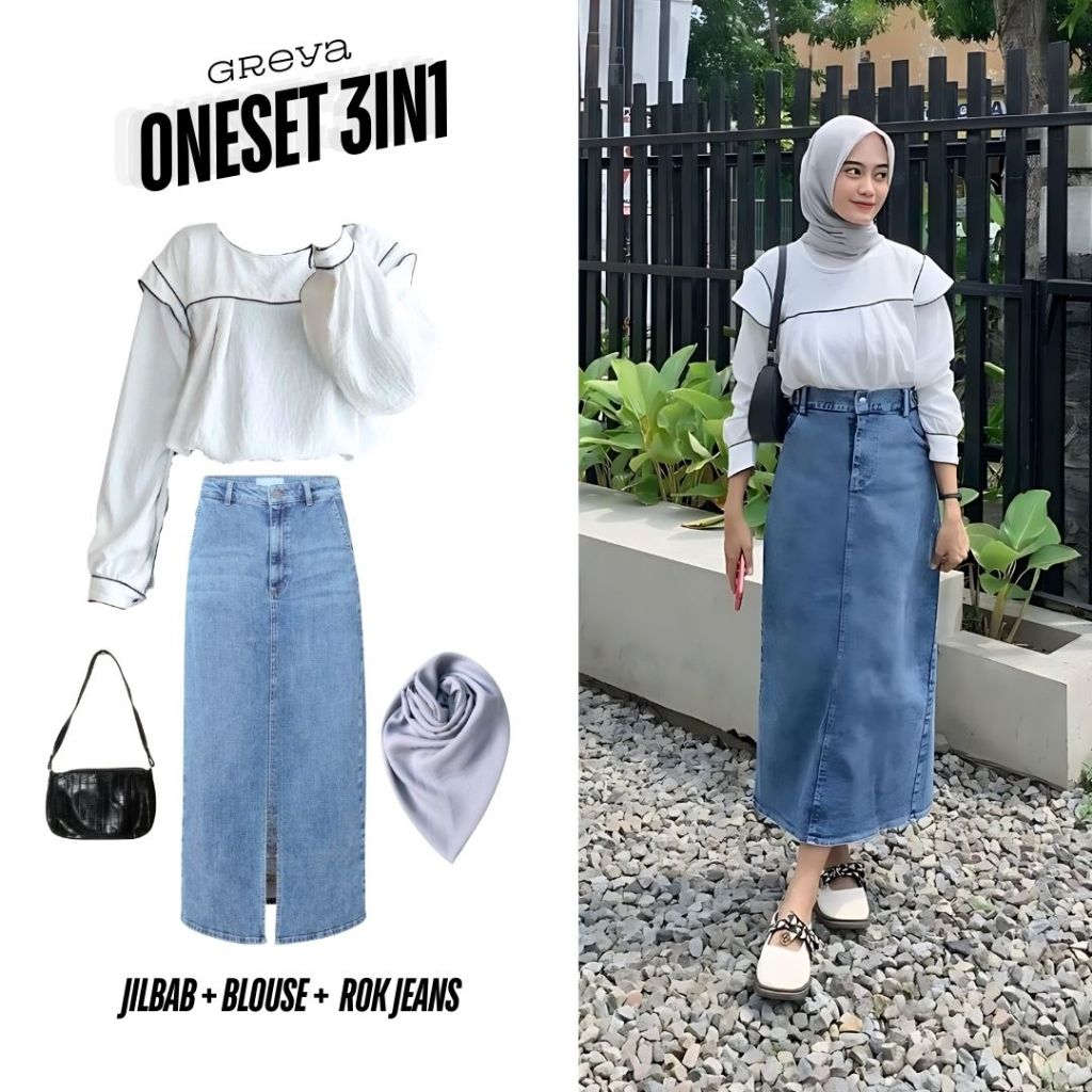 Jual One set 3in1 baju atasan blouse putih rok jeans snow blue panjang tebal jilbab bella square ...